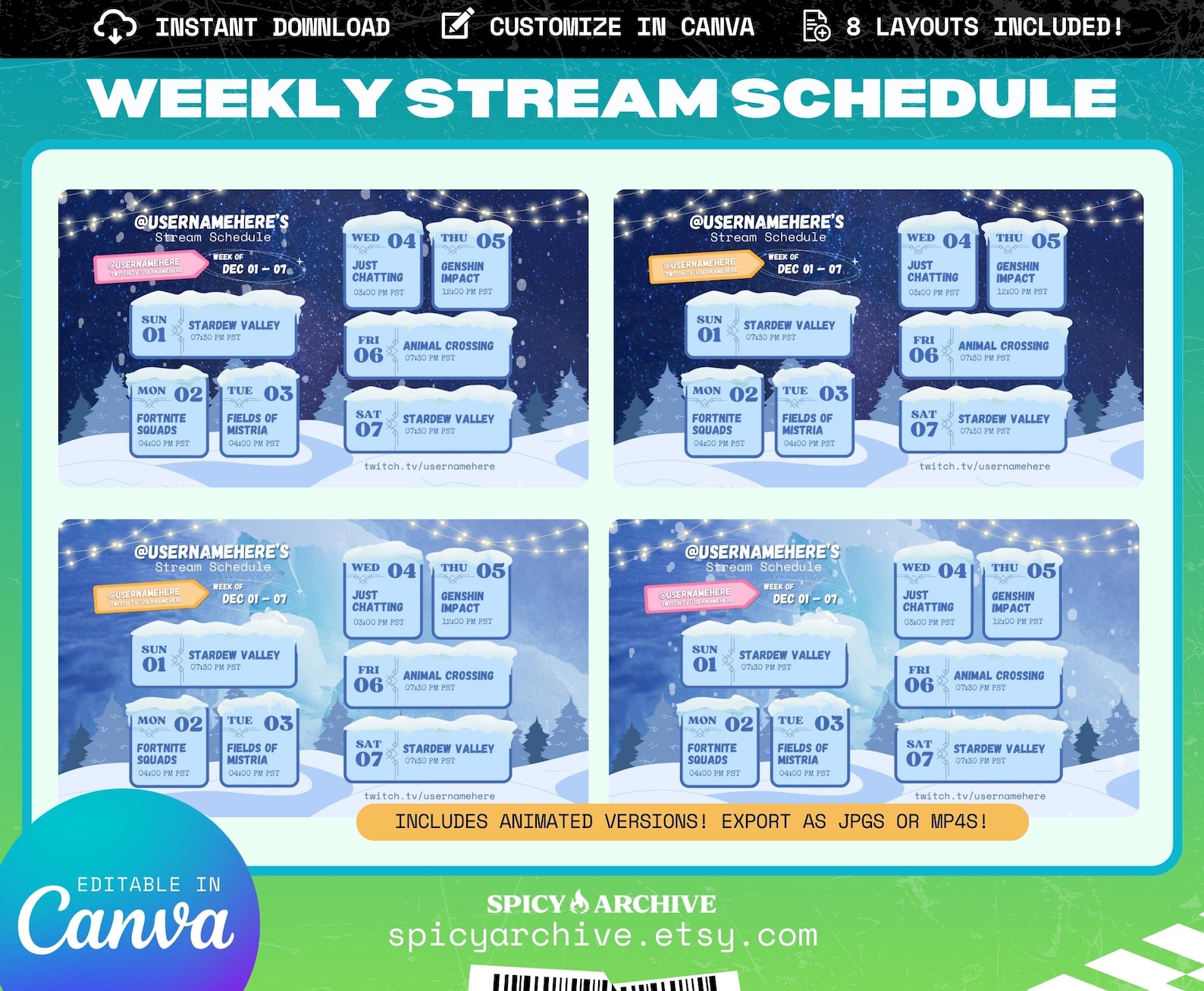 Icy Winter Stream Schedule Templates | 2 Sizes + Animated Options ...