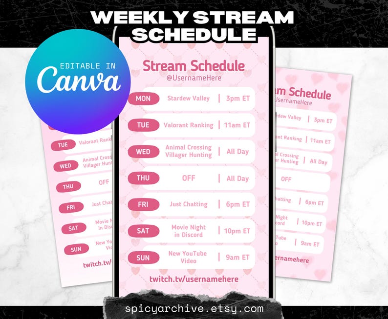 Pink Heart Stream Schedule Template | Valentines Day Pack | Twitch ...