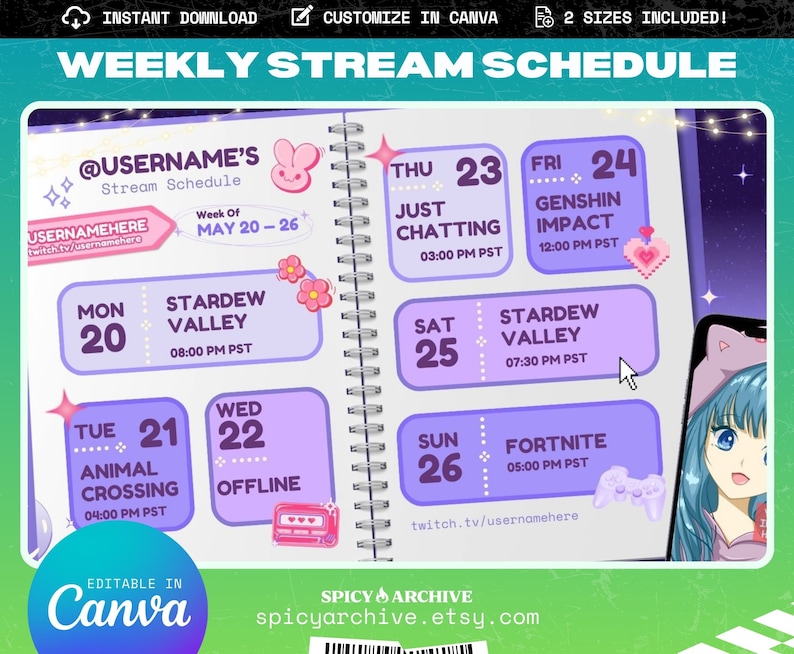 Purple Notebook Stream Schedule Template - 2 Sizes Included! | Twitch ...