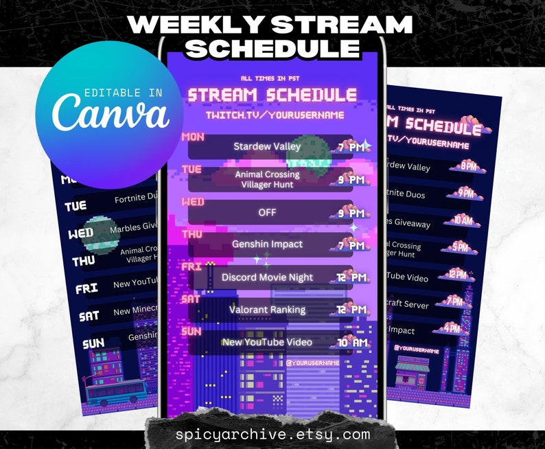 Stream Schedule Template | Purple Pixel City Night | Twitch Tiktok ...