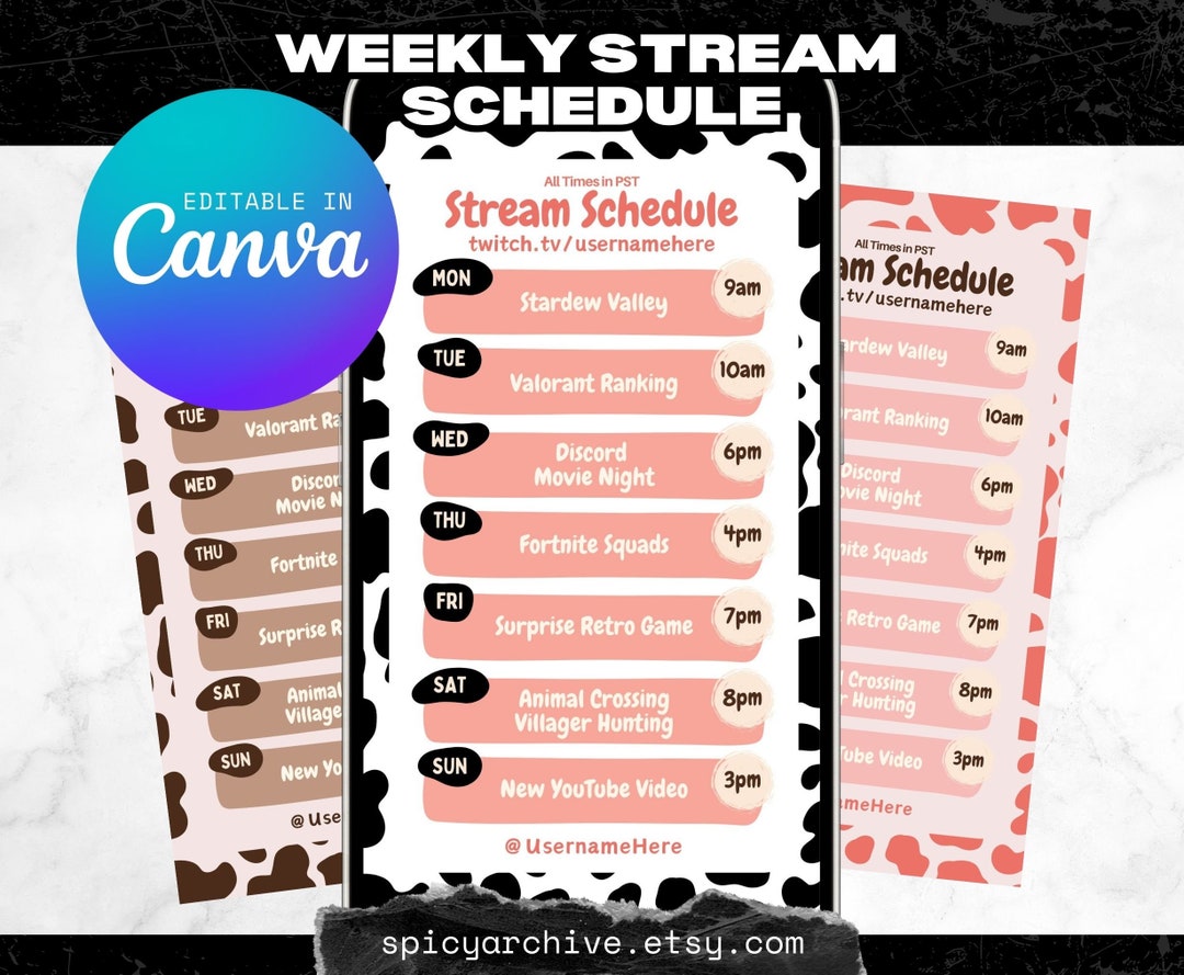 Stream Schedule Template | Cow Print Pack | Twitch Tiktok Youtube ...
