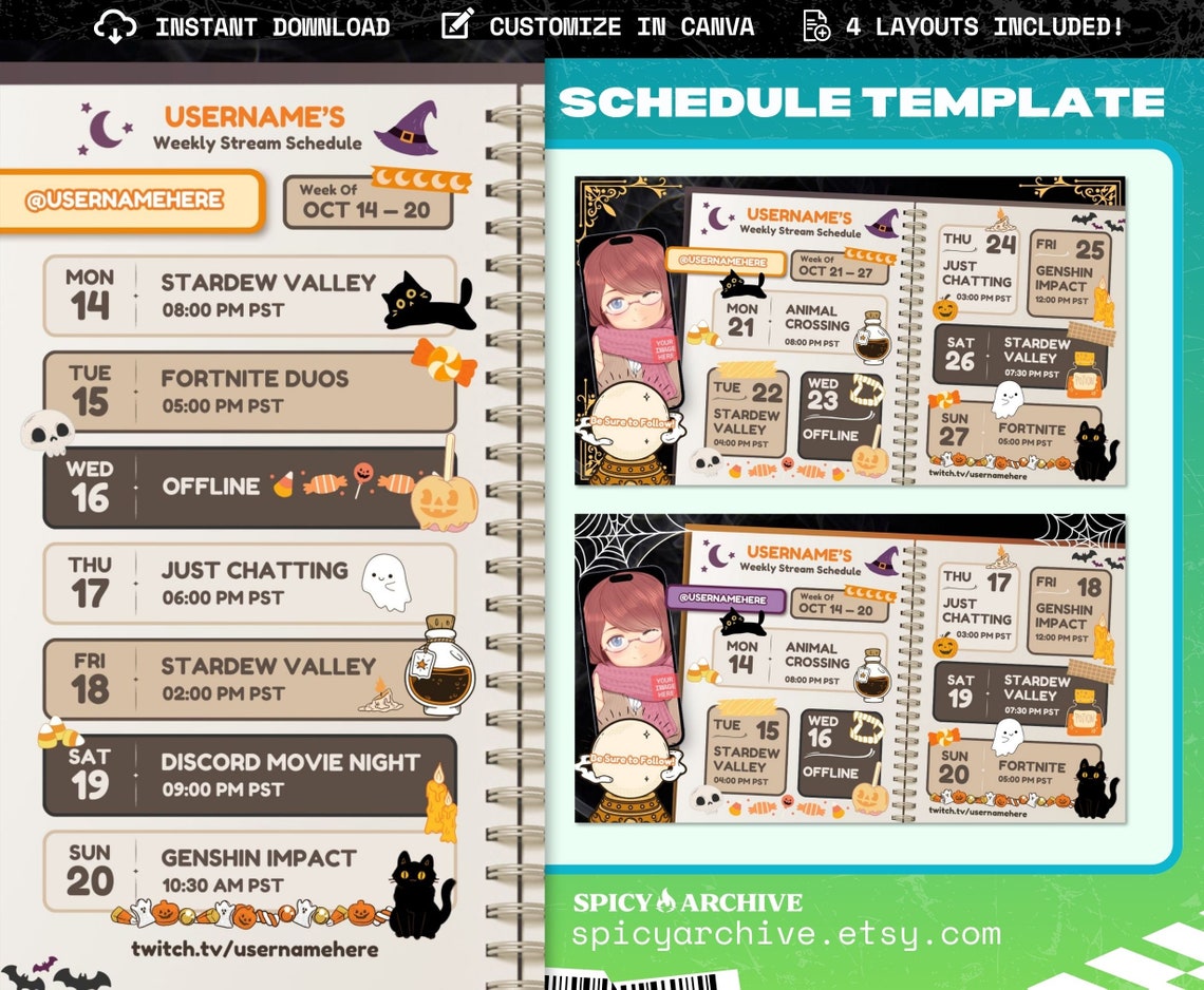 Halloween Stream Schedule Template | Cozy Notebook Schedule | Twitch ...
