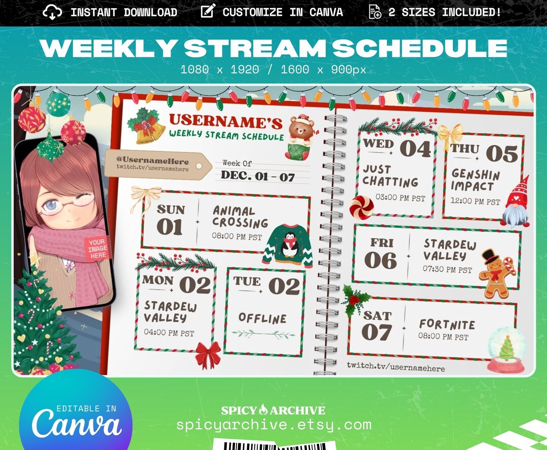 Christmas Stream Schedule Template | Cozy Holiday Notebook | Twitch ...