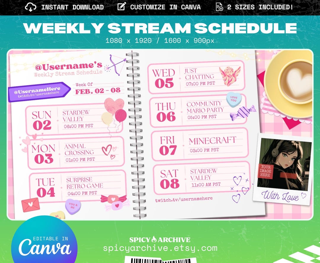 Pink Stream Schedule Template | Valentines Café Notebook | 2 Sizes + 10 ...