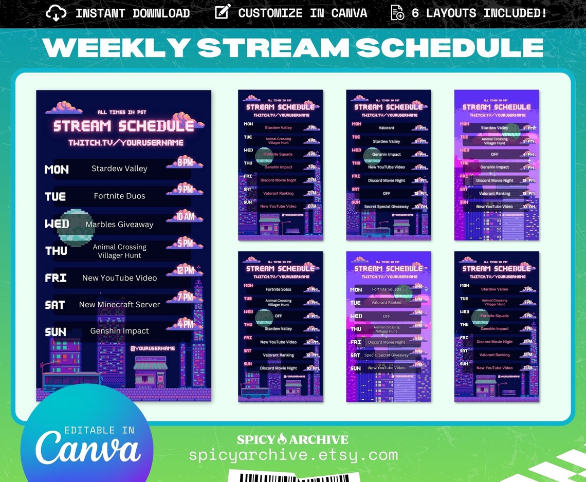 Stream Schedule Template | Purple Pixel City Night | Twitch Tiktok ...