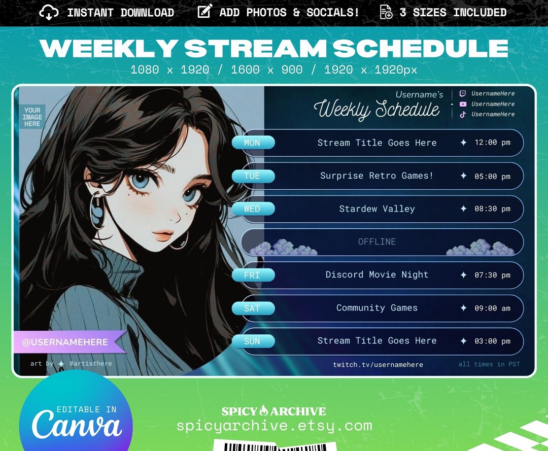 Blue Stream Schedule Template Pack | 3 Sizes Included! | Twitch Youtube ...