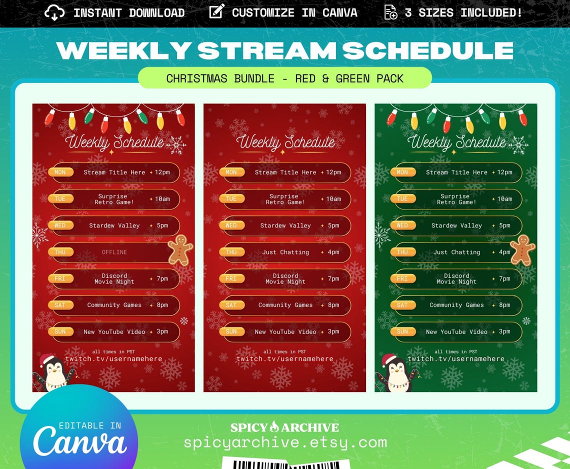 Christmas Stream Schedule Template | Red & Green Holiday Bundle ...