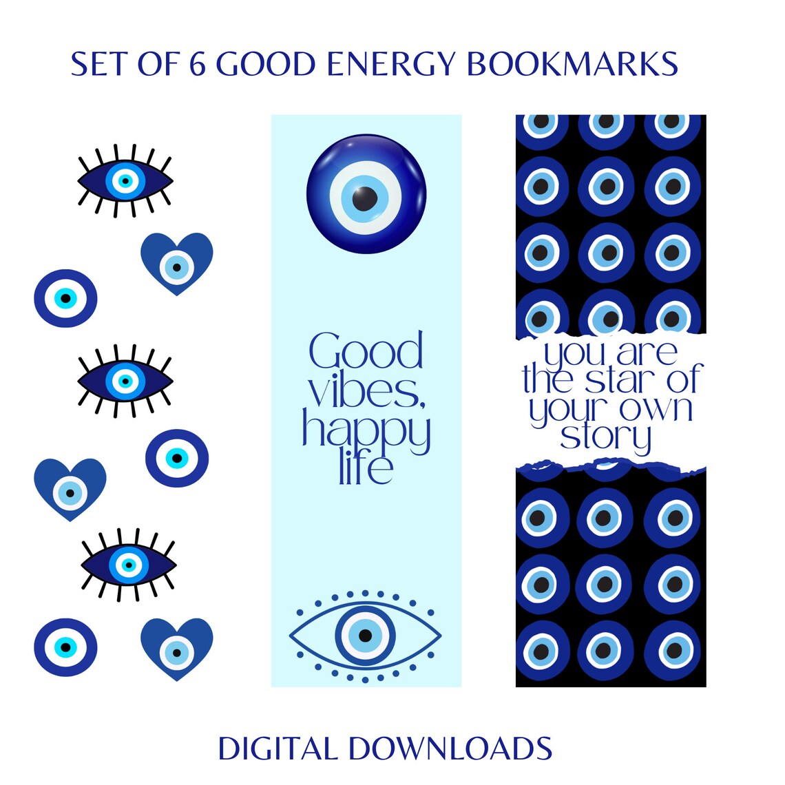 Set of 6 Good Vibes Evil Eye Bookmarks Digital Bookmarks to - Etsy