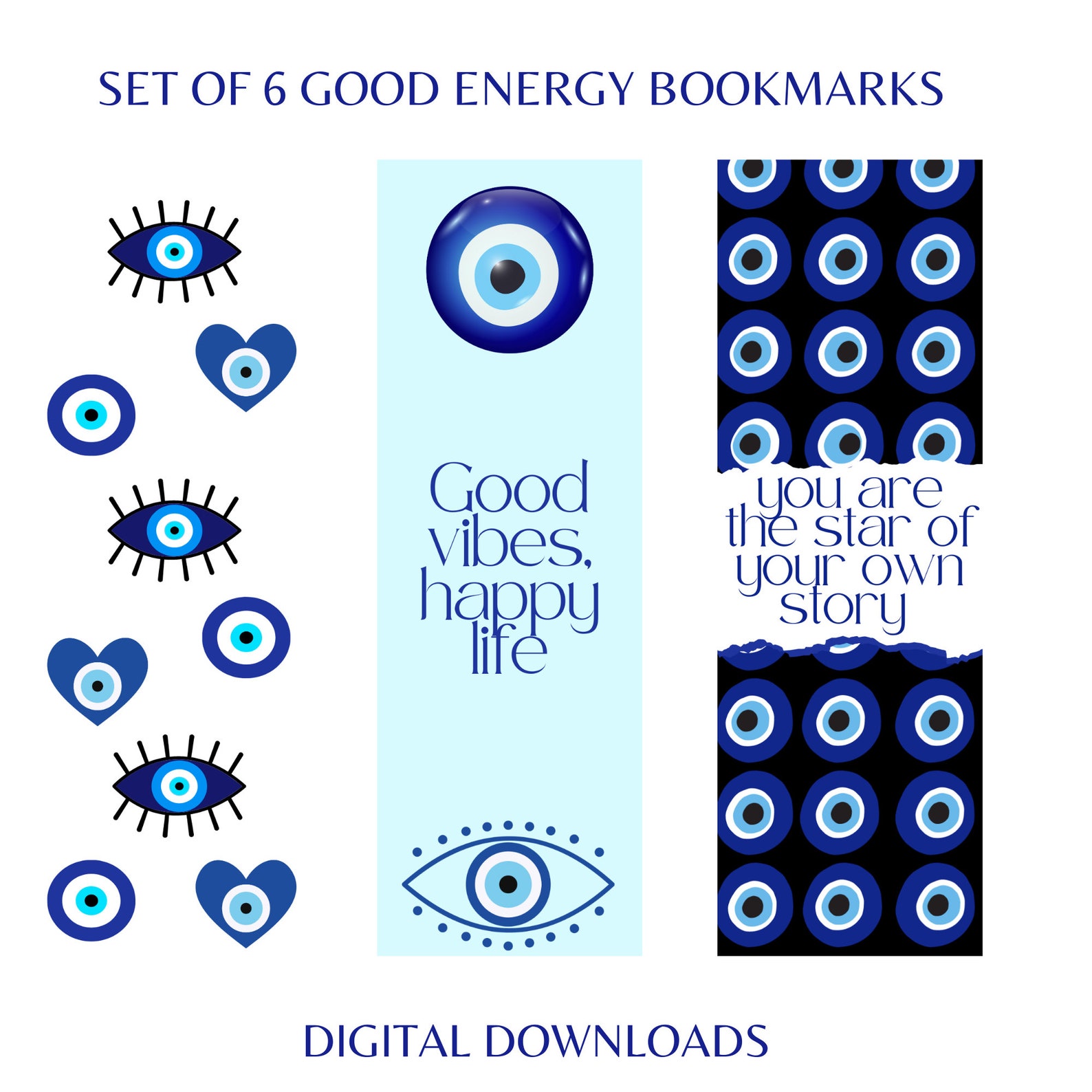 Set of 6 Good Vibes Evil Eye Bookmarks Digital Bookmarks to - Etsy
