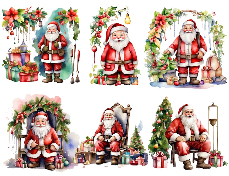 Watercolor Santa Claus Clipart, 30 PNG Christmas Santa Clipart, Fantasy ...