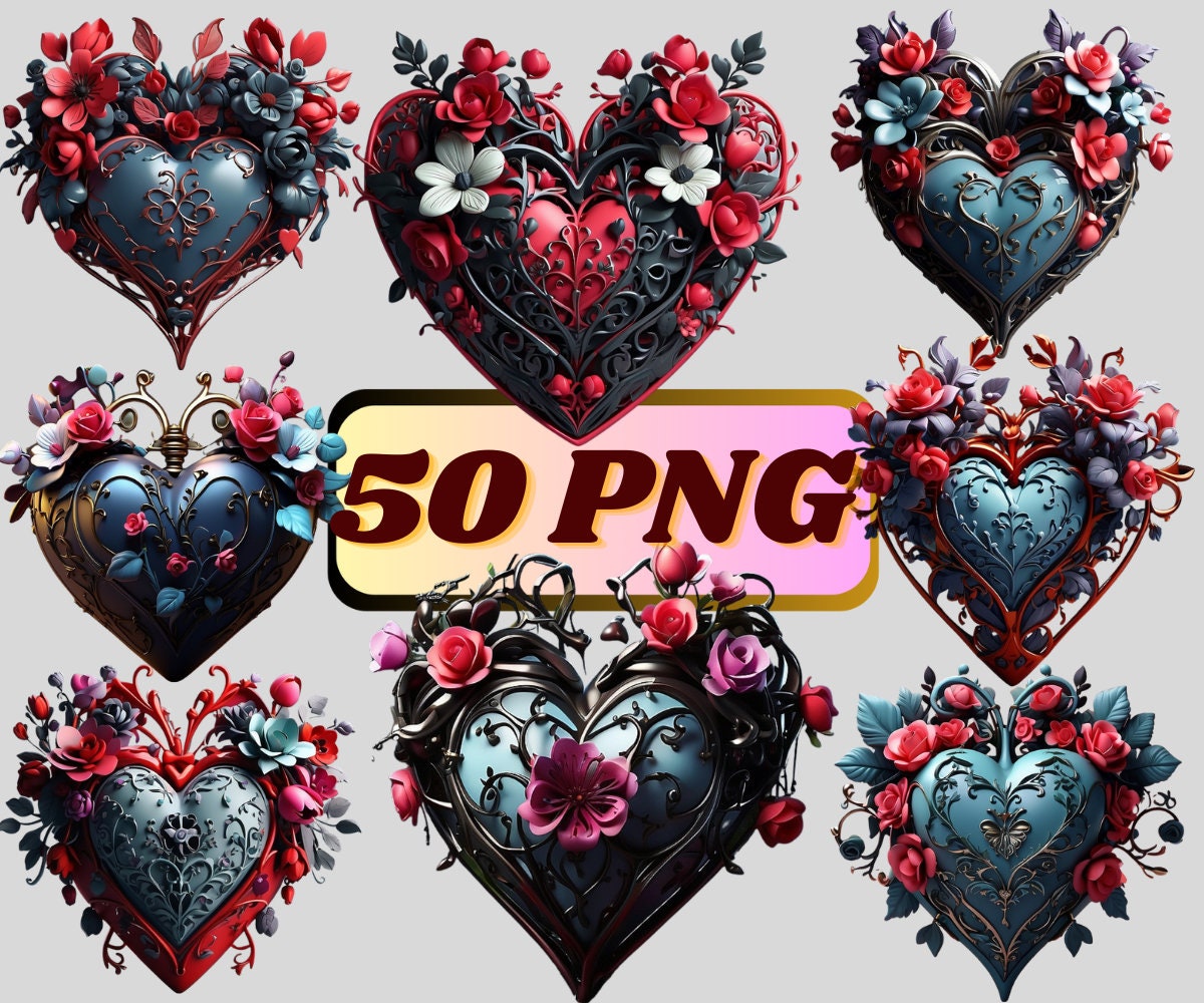 Clipart Hearts and Flowers 50 Png Digital Download Used for Various ...