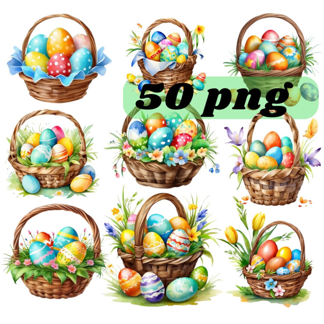 Clip Art Eggs in a Basket 50 Png Watercolor on Easter Day Digital ...