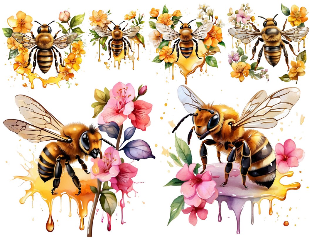 Watercolor Honey Bee Clipart, Spring Garden Bee and Honey Drips Clip ...