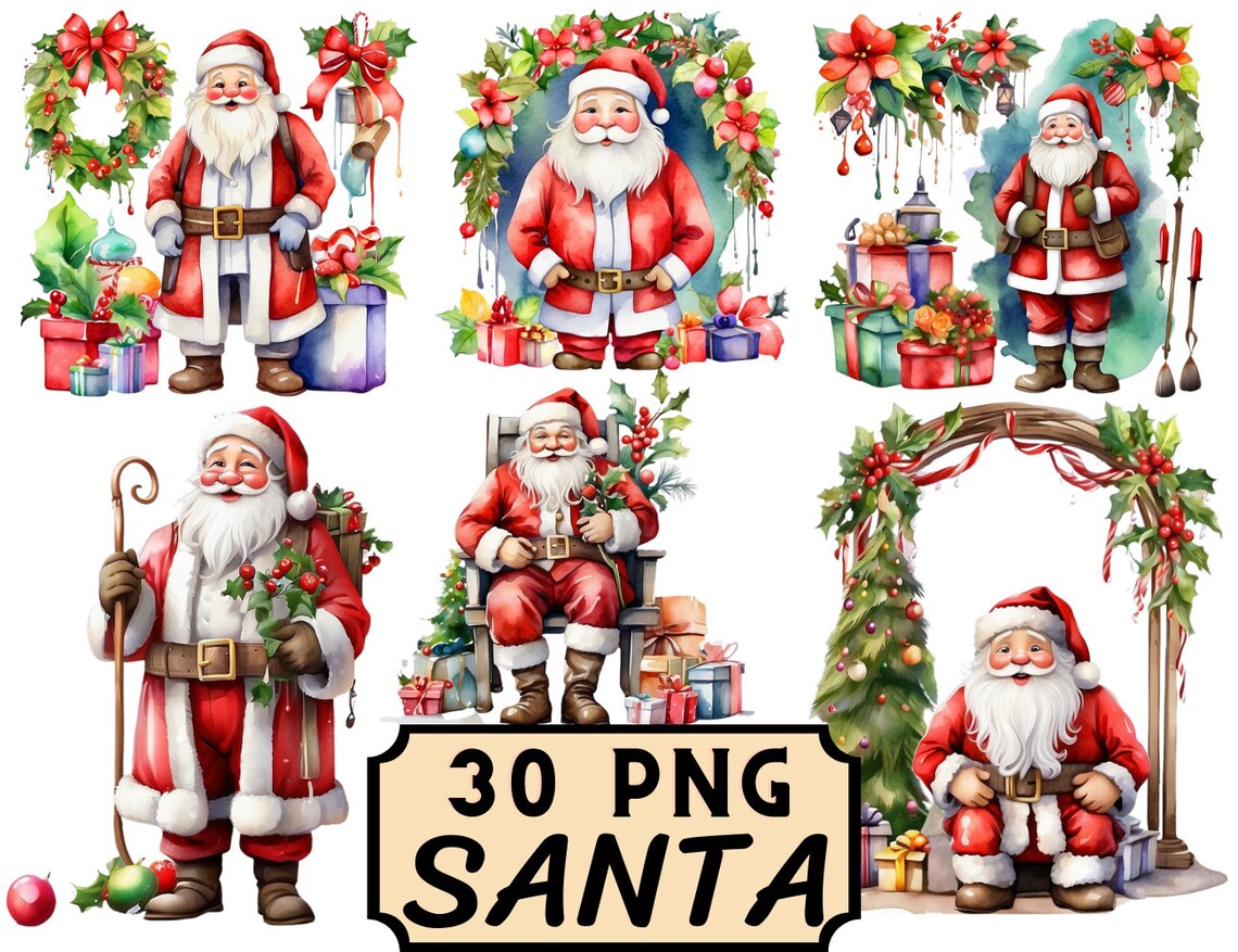 Watercolor Santa Claus Clipart, 30 PNG Christmas Santa Clipart, Fantasy ...