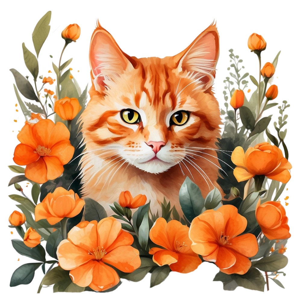 Watercolor Orange Cats Clipart 30 PNG Cute Floral Tabby Cats and ...
