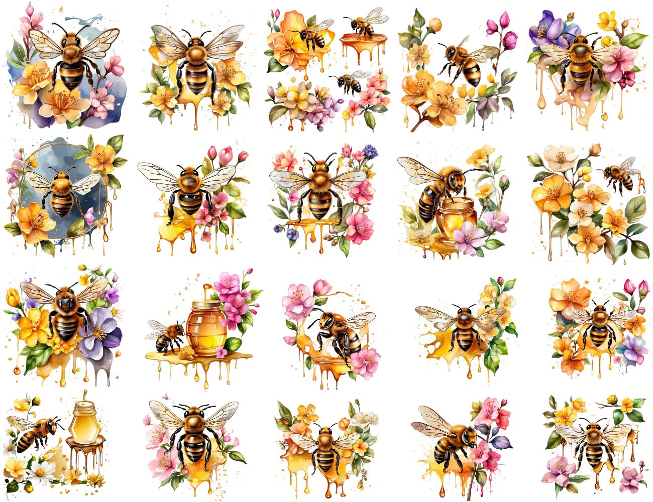 Watercolor Honey Bee Clipart, Spring Garden Bee and Honey Drips Clip ...