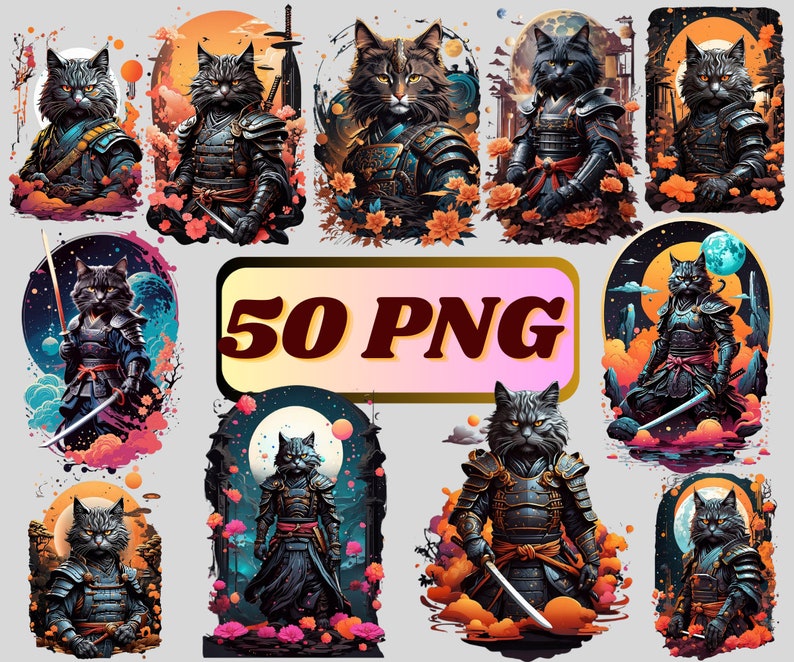 Swordsman Cat Clip Art Japanese Style Clip Art 50 Png Digital Download ...