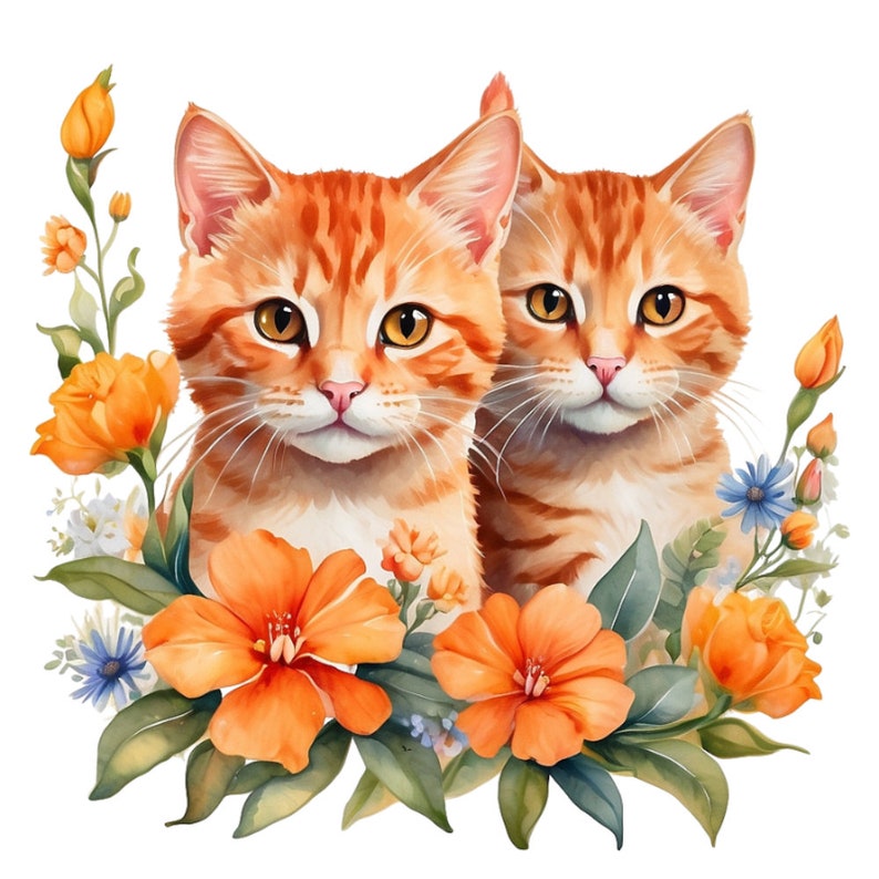Watercolor Orange Cats Clipart 30 PNG Cute Floral Tabby Cats and ...