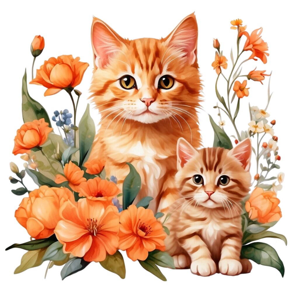 Watercolor Orange Cats Clipart 30 PNG Cute Floral Tabby Cats and ...