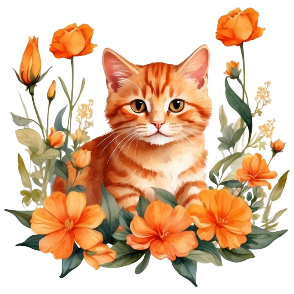 Watercolor Orange Cats Clipart 30 PNG Cute Floral Tabby Cats and ...
