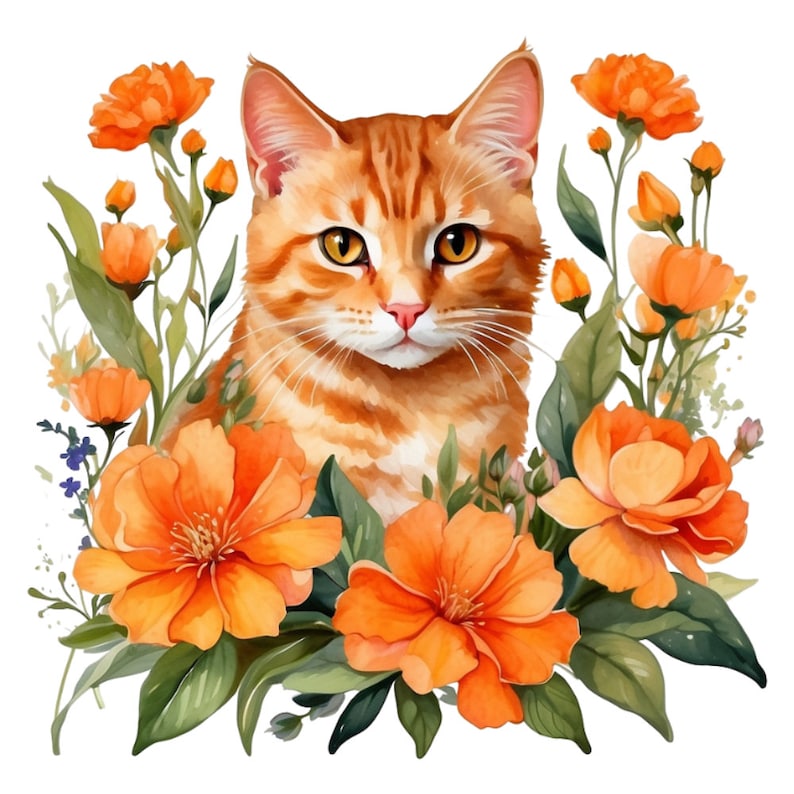 Watercolor Orange Cats Clipart 30 PNG Cute Floral Tabby Cats and ...