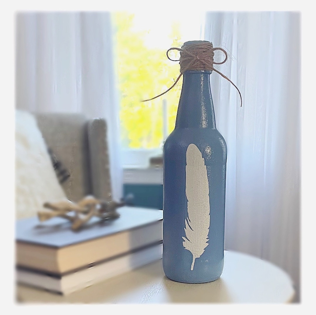 Hand Painted Blue Feather Bottle Home Decor - Etsy