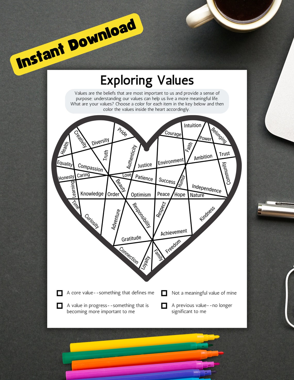 Values Coloring Worksheet, Therapy Tool, Self-help Resource, Printable ...