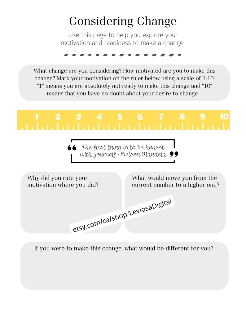 Behaviour Therapy Worksheet, Motivational Interviewing, Readiness Ruler ...
