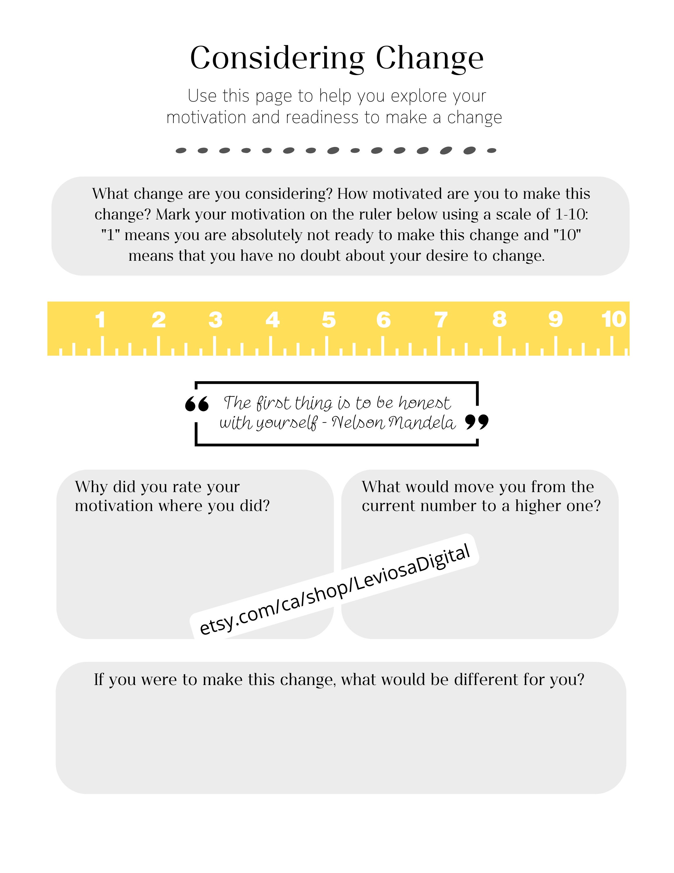 Behaviour Therapy Worksheet, Motivational Interviewing, Readiness Ruler ...