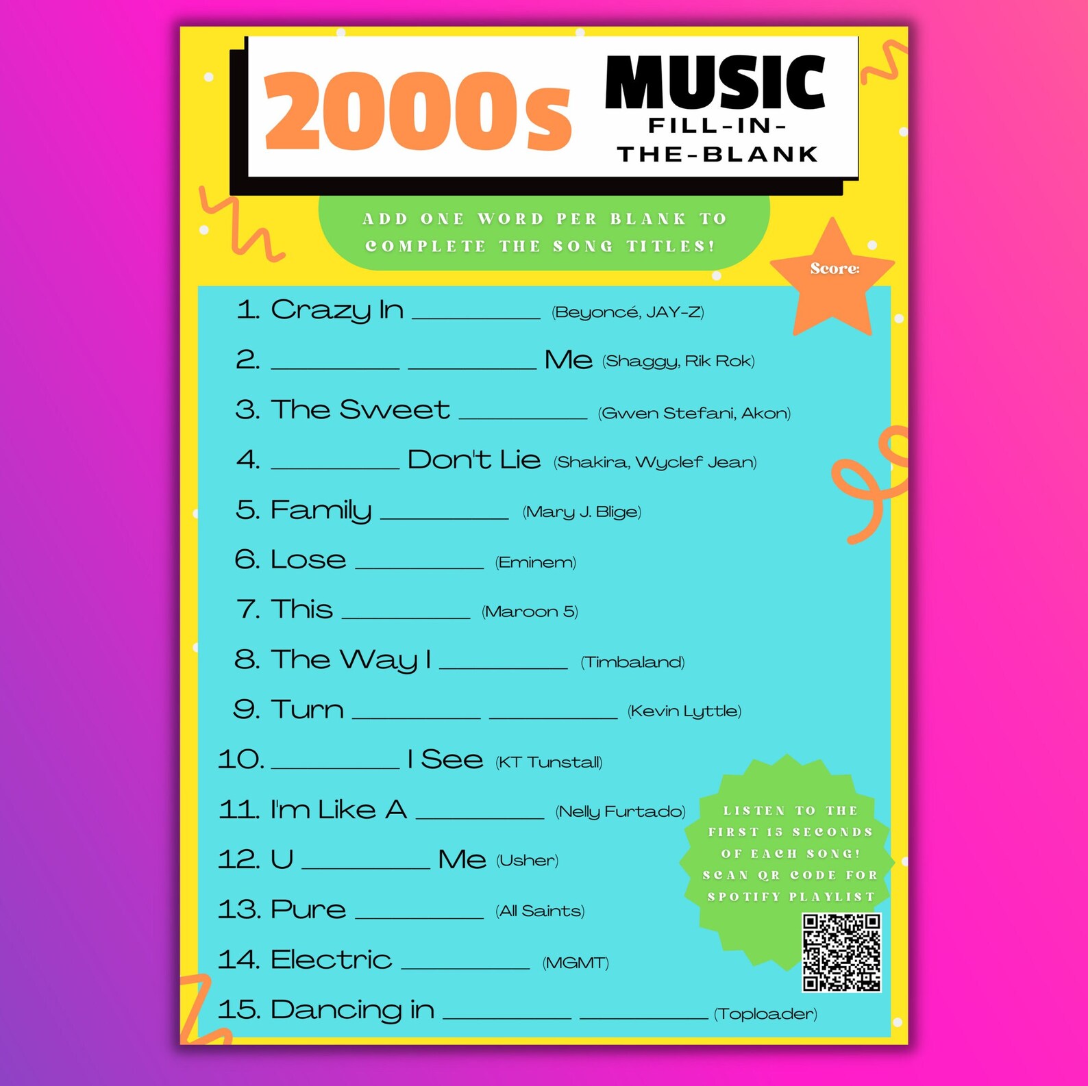 2000s Music Trivia Game! Baby Shower, Party Game, Birthday Party Game ...