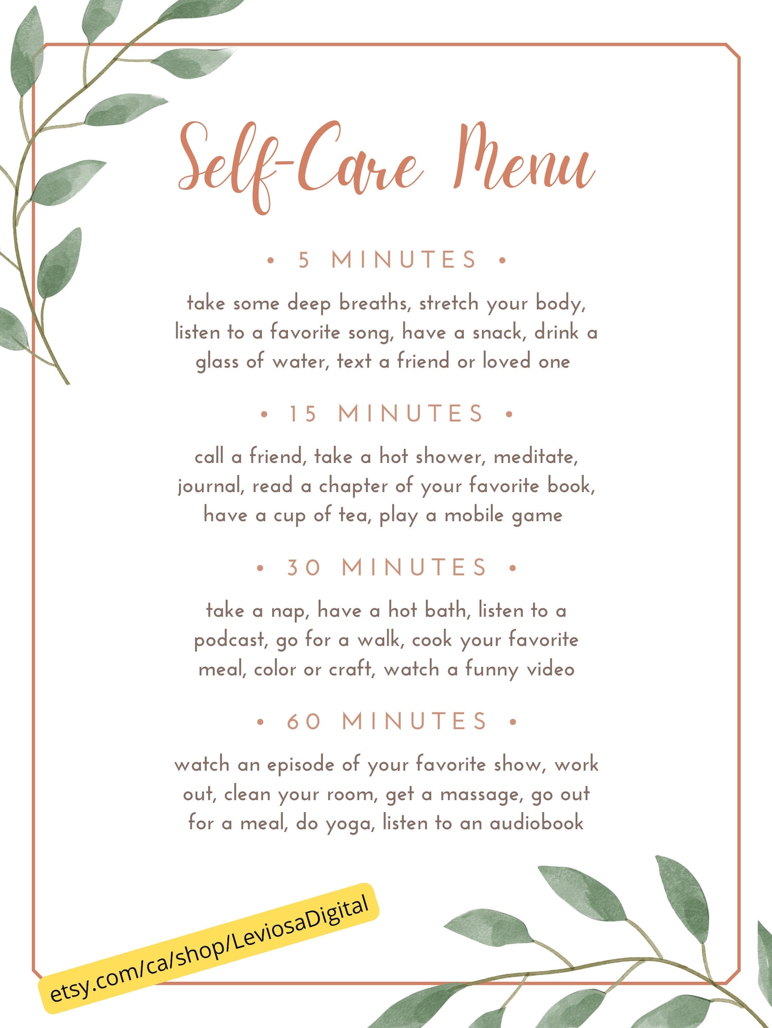 Self-care Menu Therapy Handout or Print, Therapy Worksheet, Counselling ...