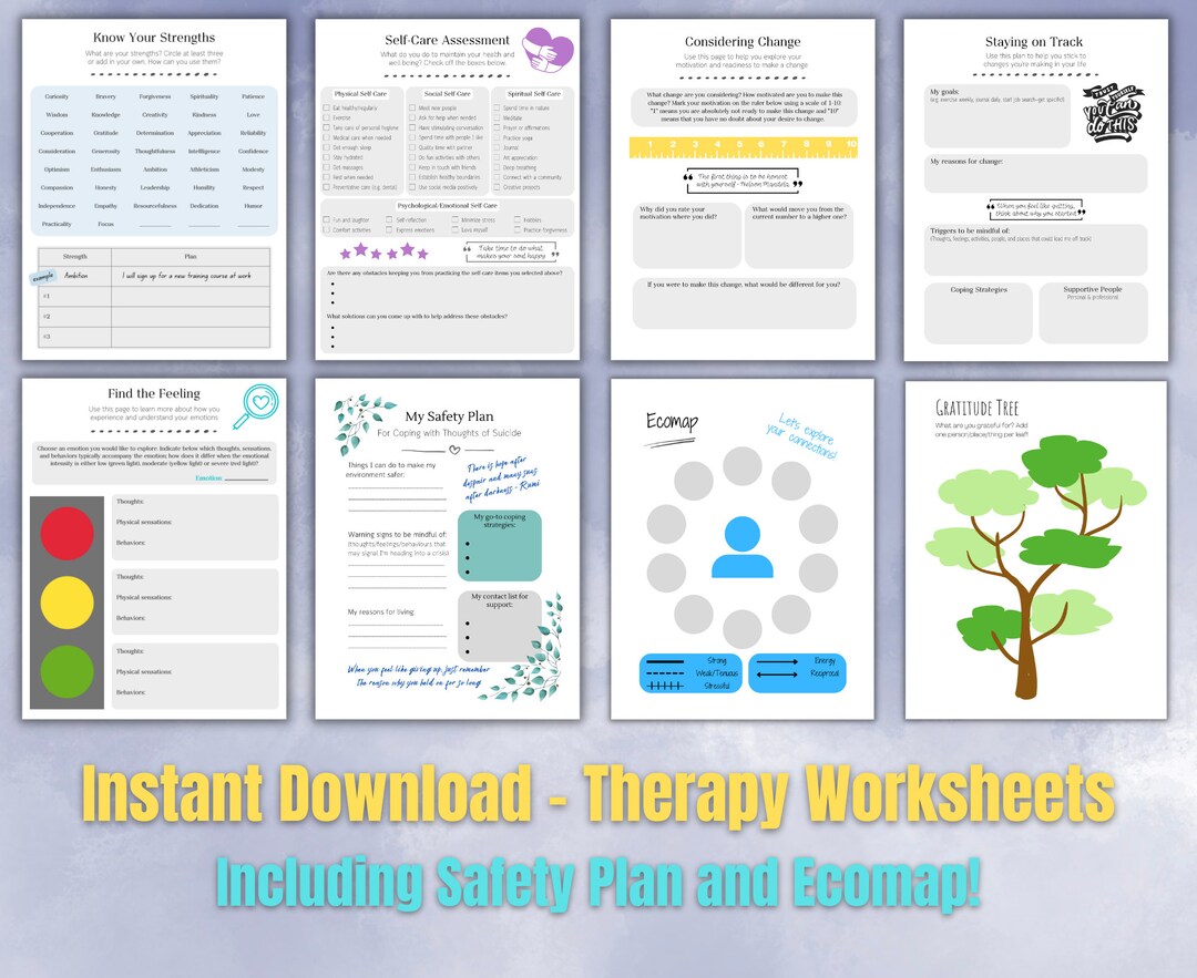 Therapy Worksheet Pack, Crisis Safety Plan, Self-care, Strengths ...