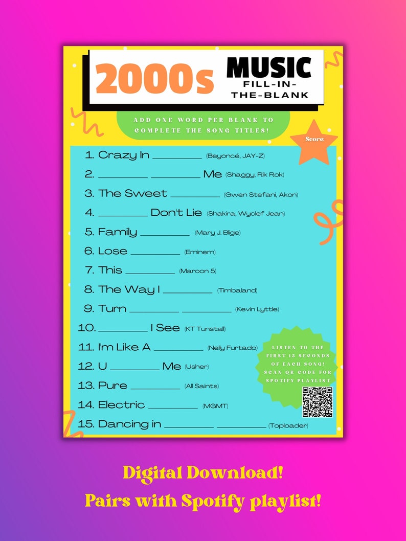 2000s Music Trivia Game! Baby Shower, Party Game, Birthday Party Game ...