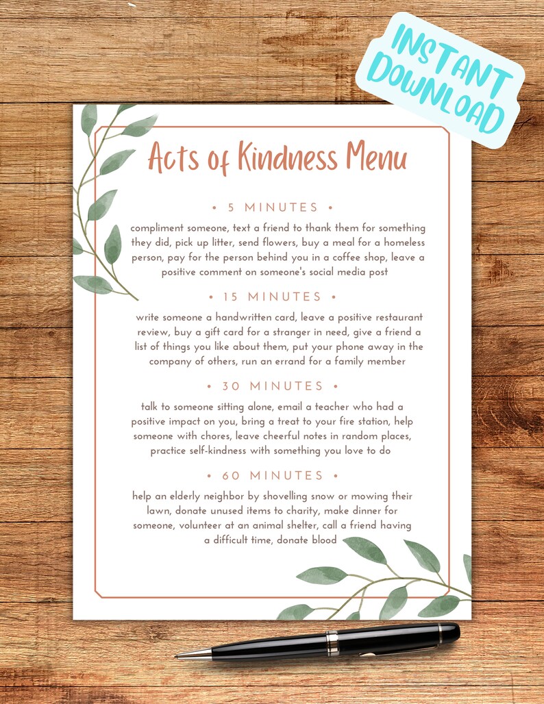 Acts of Kindness Menu, Therapy Worksheet, Counselling Printable ...