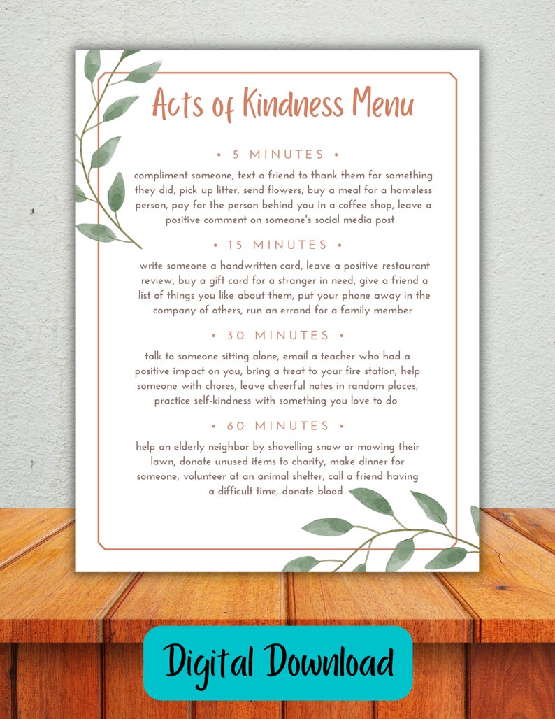 Acts of Kindness Menu, Therapy Worksheet, Counselling Printable ...