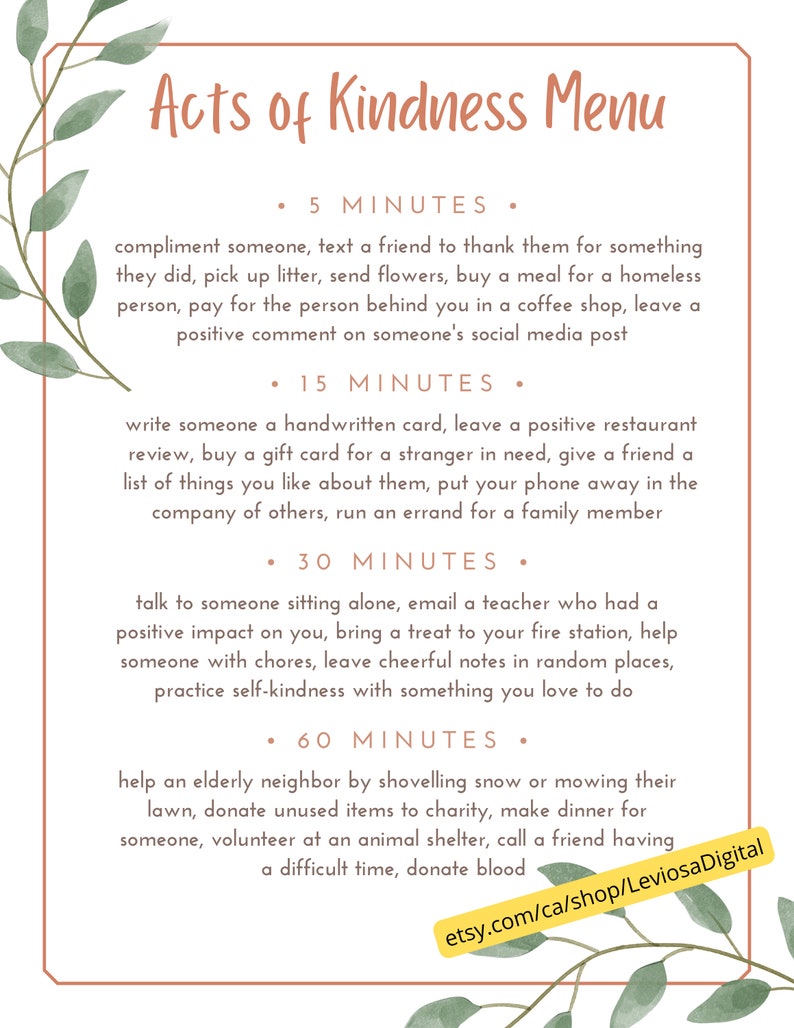 Acts of Kindness Menu, Therapy Worksheet, Counselling Printable ...