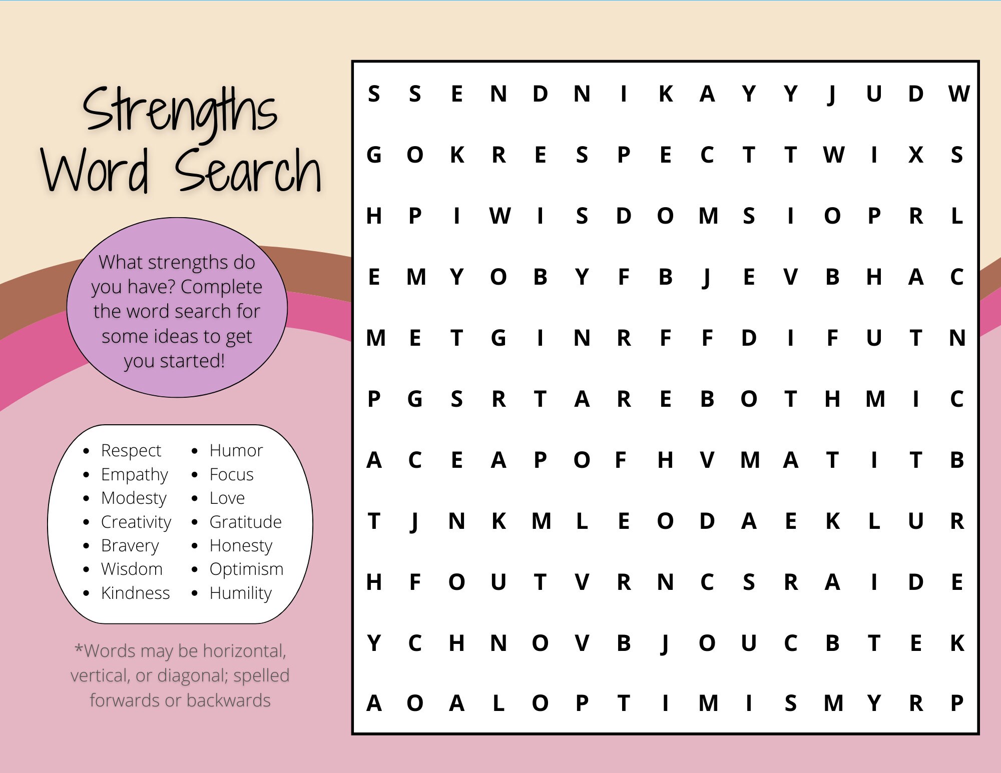 Strengths and Coping Skills Word Search, Therapy Worksheet (instant ...