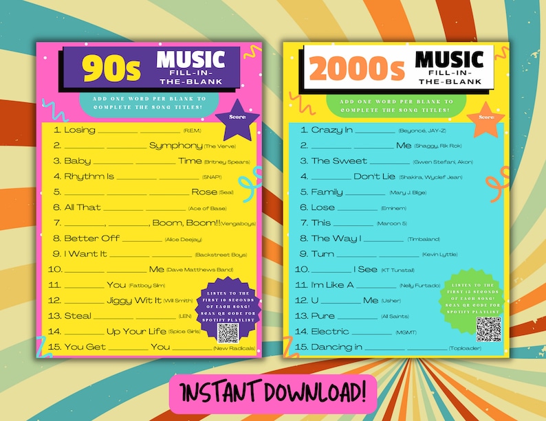 90s and 2000s Music Trivia Game! Baby Shower, 90s Party Game, Custom ...