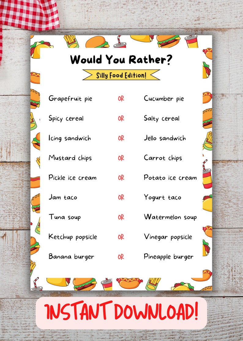Would You Rather Game, Printable Party Birthday Party Game, Funny ...