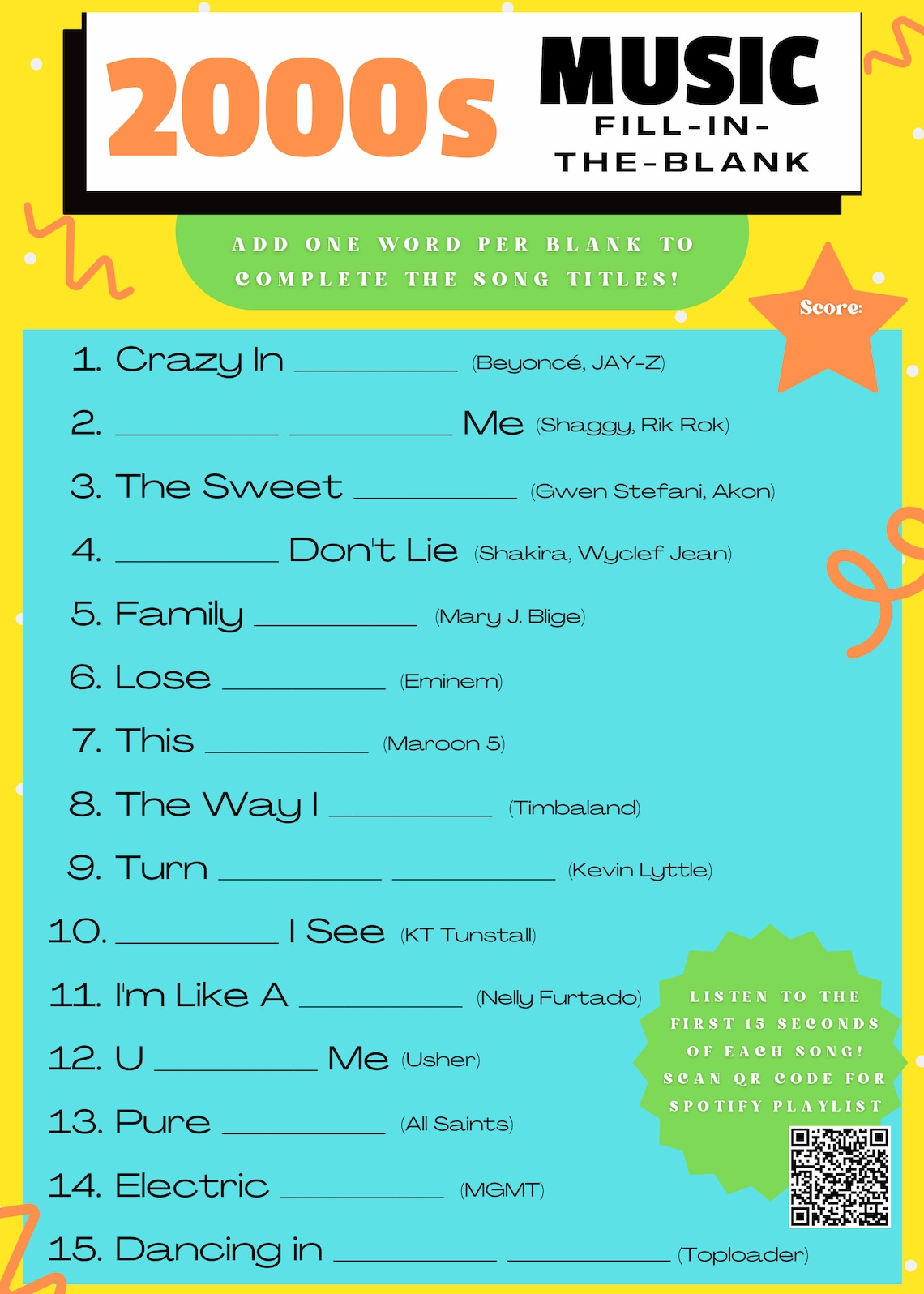 2000s Music Trivia Game! Baby Shower, Party Game, Birthday Party Game ...