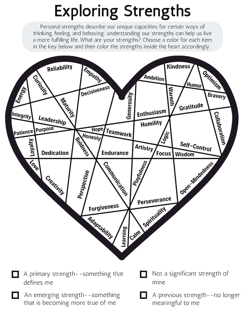 Strengths Coloring Worksheet, Therapy Self-help Tool (PDF) - Etsy