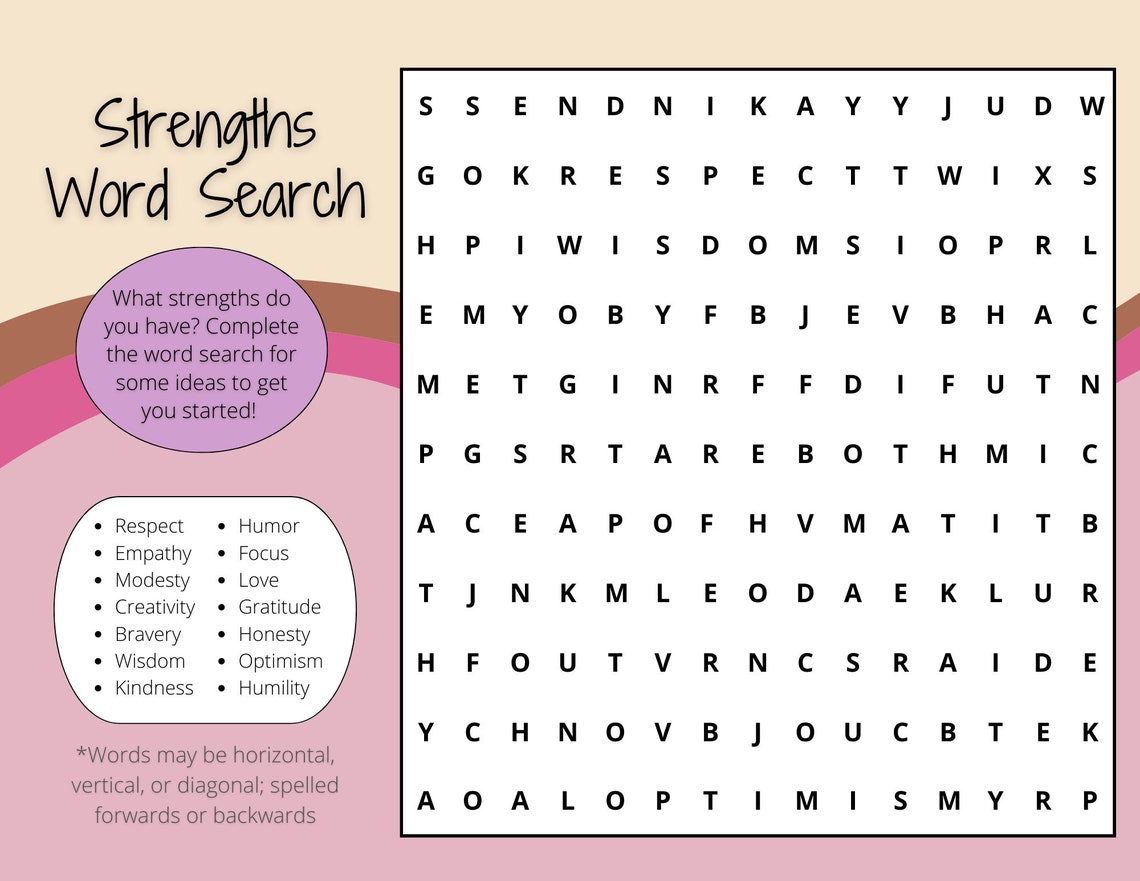 Strengths Word Search, Coping Tools, Therapy Tools, Counselling ...