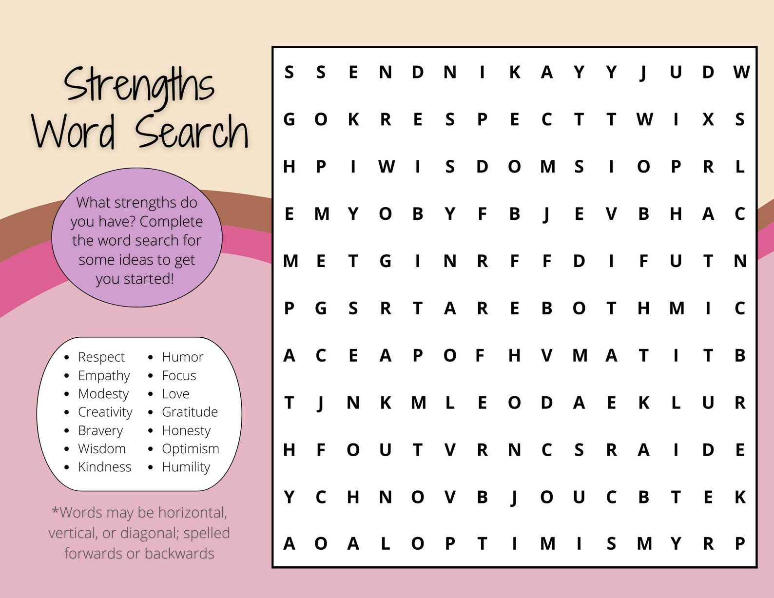 Strengths Word Search, Coping Tools, Therapy Tools, Counselling ...