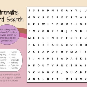 Strengths Word Search, Coping Tools, Therapy Tools, Counselling ...