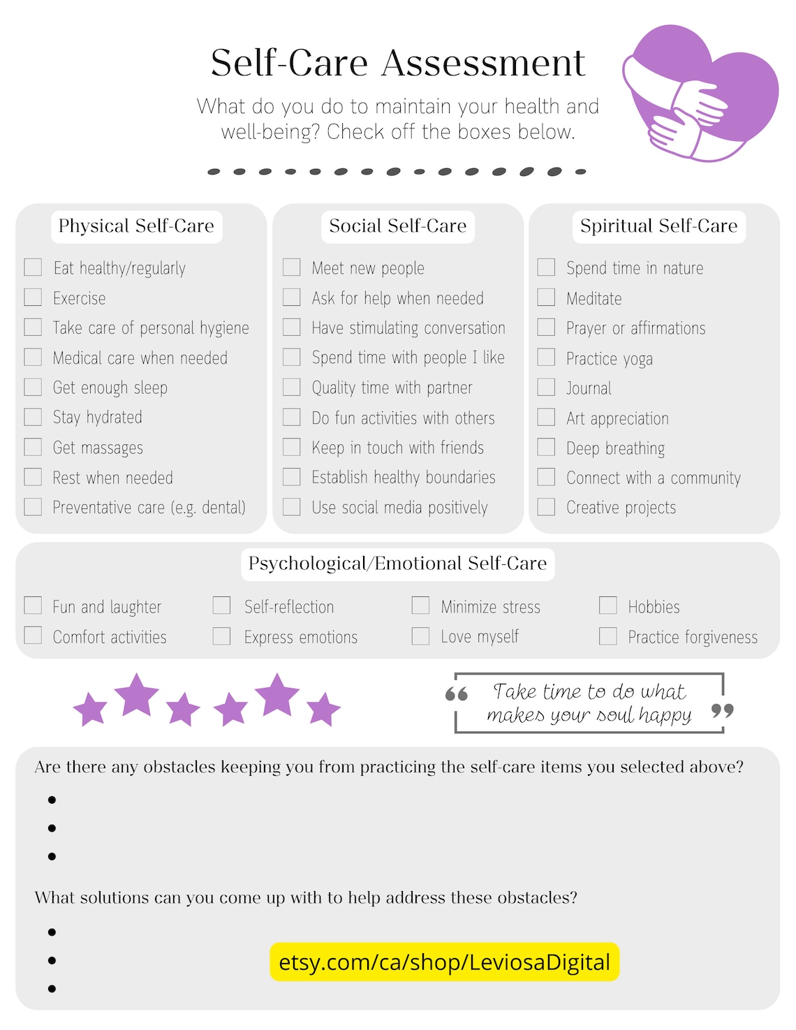 Self-care Worksheet Therapy Worksheet Counselling Template - Etsy