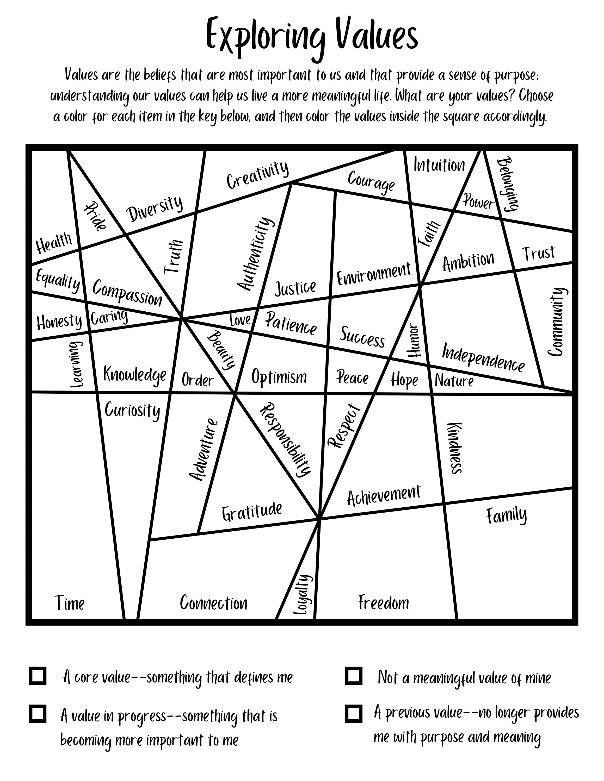 Values Coloring Worksheet, Therapy Tool, Self-help Resource, Printable ...