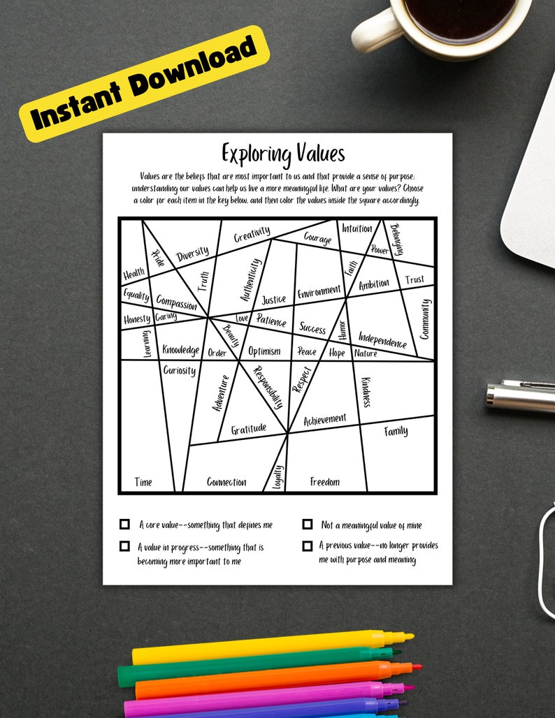 Values Coloring Worksheet, Therapy Tool (PDF Printable) - Etsy