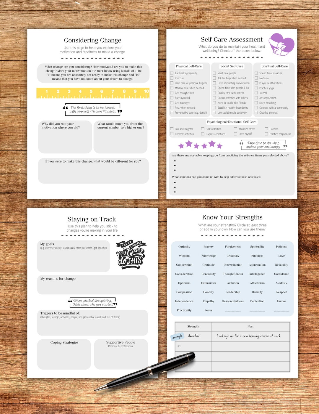 Therapy Worksheets Bundle, Self-care, Strengths, MI, Counselling ...