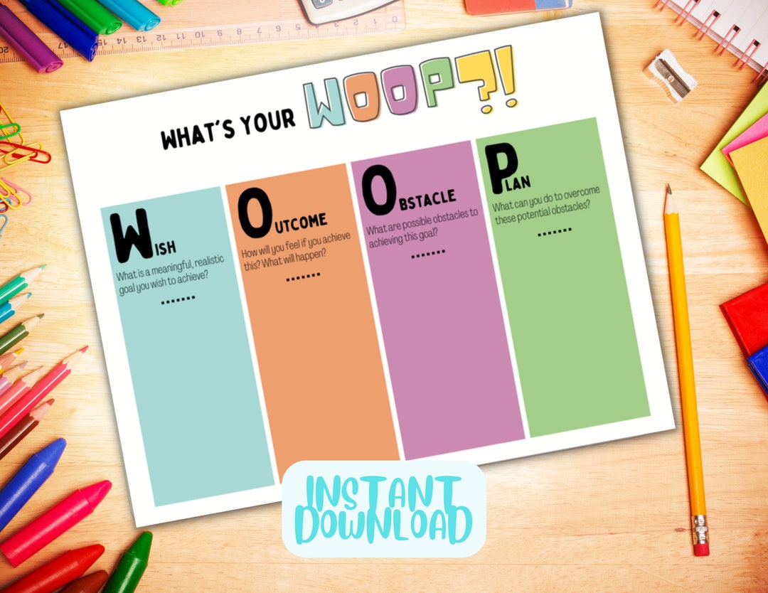 Goals Worksheet, WOOP, Wish Outcome Obstacle Plan, Social-emotional ...