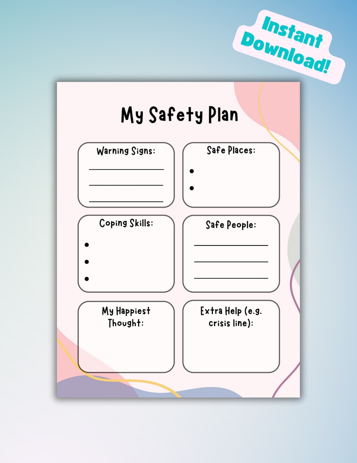 Safety Plan Template for Kids and Youth, Digital Download, Crisis ...